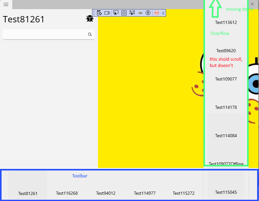 Toolbar: Overflow area with many items grows larger than the Page and ... Toolbar: Overflow area with many items grows larger than the Page and ...